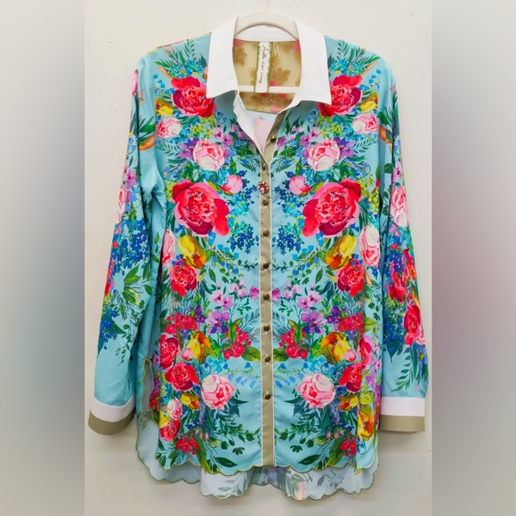 Aratta | Tops | Aratta Amora Aqua Floral Print Hand Embellished Blouse ...